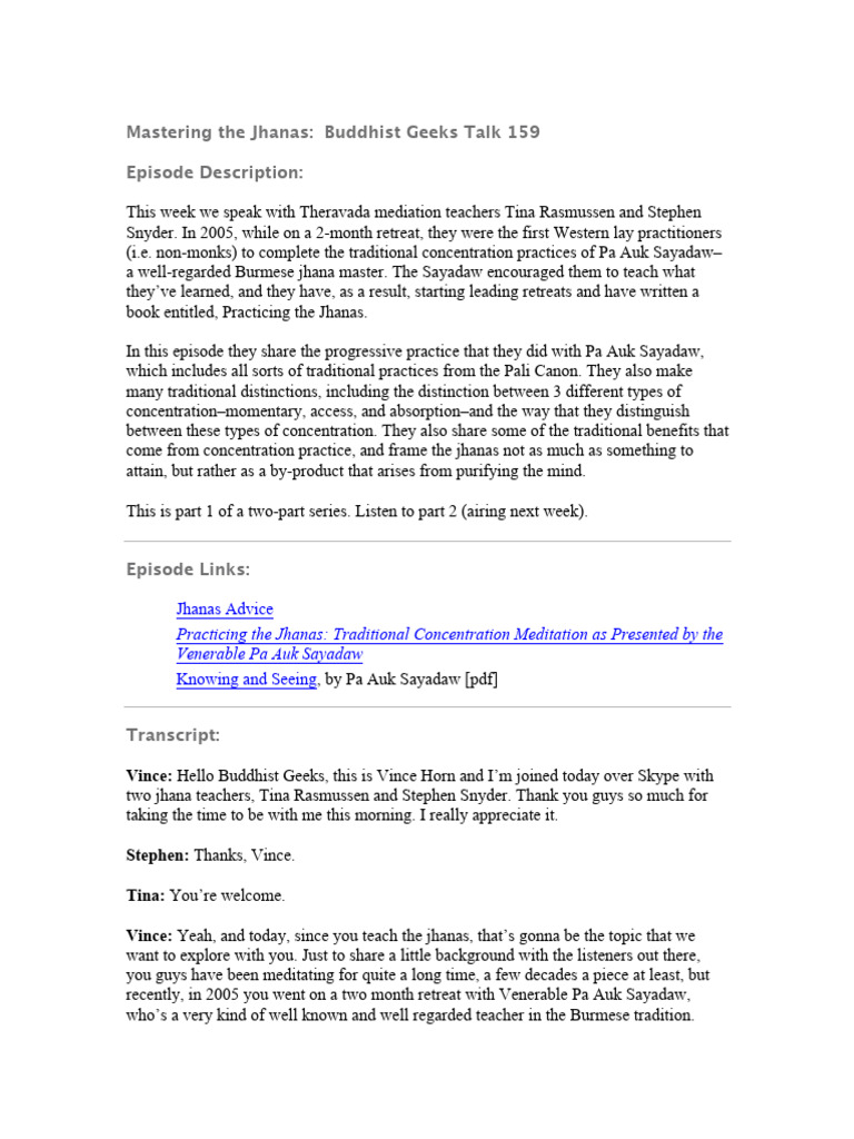 Mastering The Jhanas Buddhist Geeks Talk Transcript Part 1 | PDF | Meditation | Indian Philosophy
