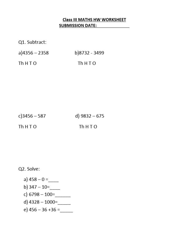 CBSE Class 3 Mathematics Worksheet (16) - Subtraction | PDF