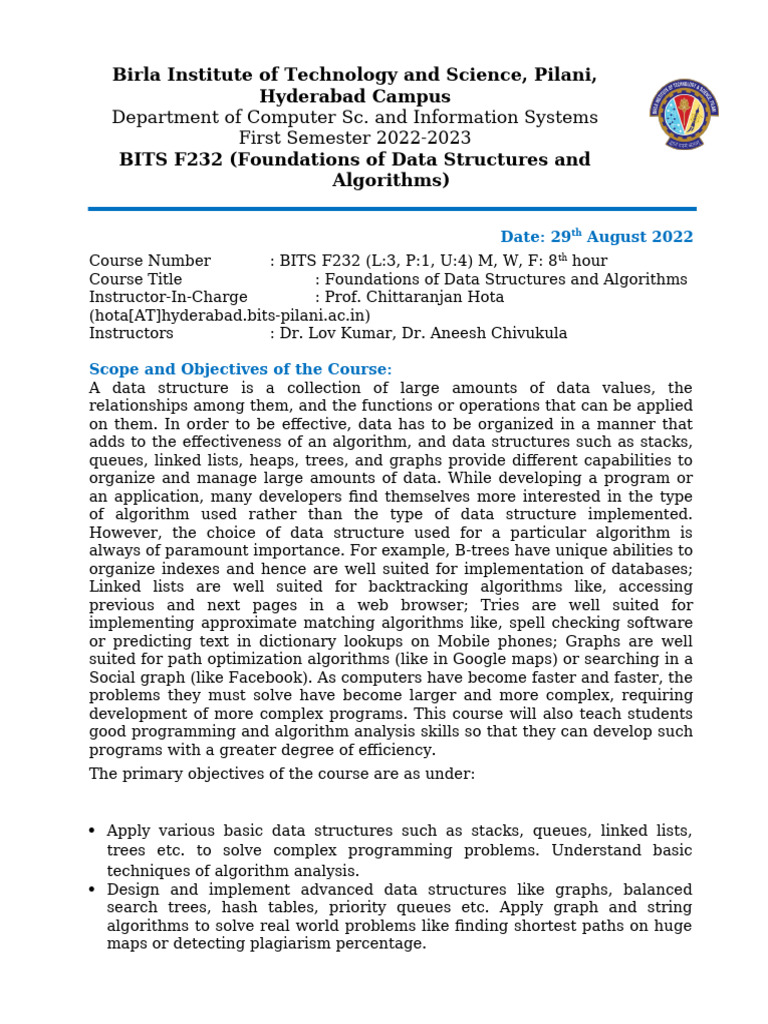 BITS F232 - FDSA - Prof. Hota | PDF | Queue (Abstract Data Type ...