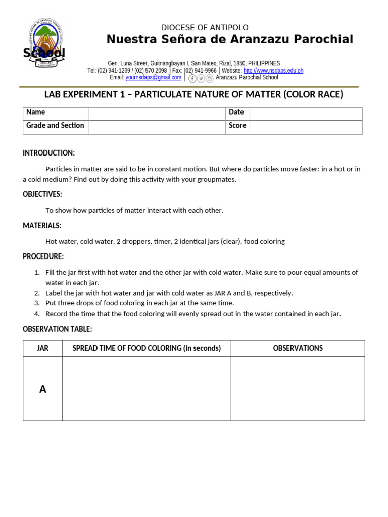Cycle 1 Experiment 1 Particulate Nature of Matter | PDF