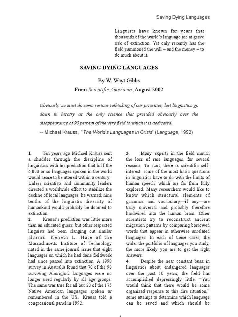 Saving Dying Language | PDF | First Language | Linguistics