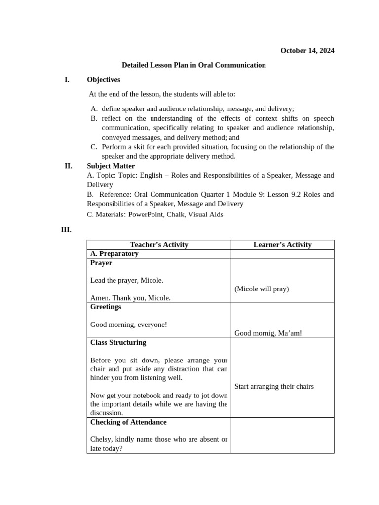 Detailed Lesson Plan in Oral Comsy | PDF | Communication | Lesson Plan
