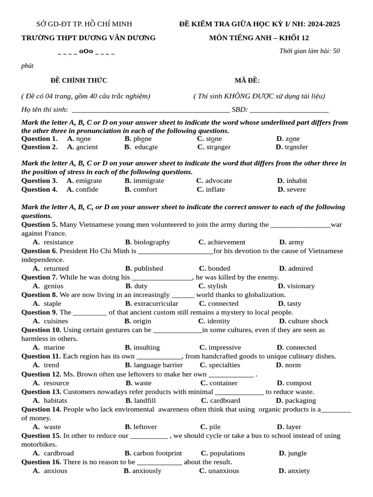 Pham Nhat Duy - Đề gk 12 | PDF | Foreign Language Studies