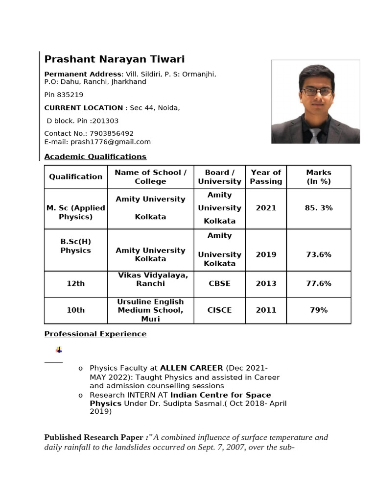 PRASHANT NARAYAN TIWARI CV | PDF PRASHANT NARAYAN TIWARI CV | PDF