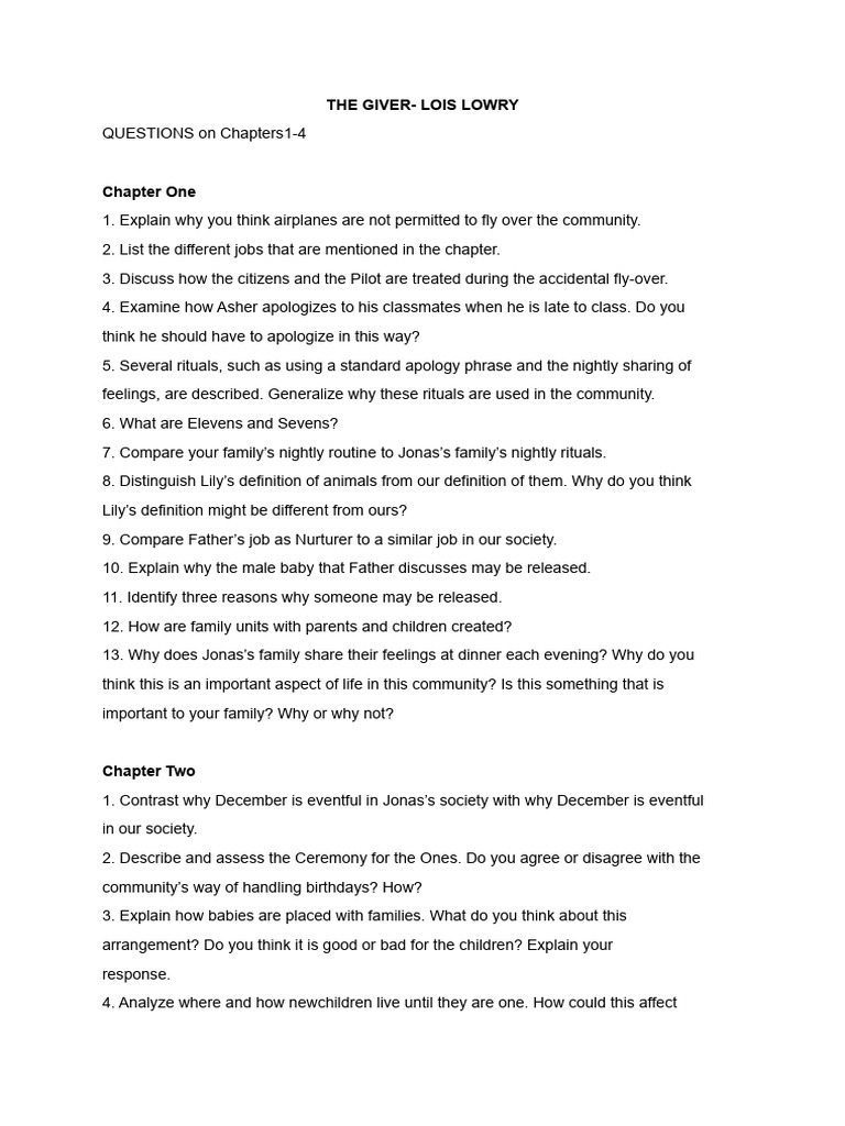 THE GIVER-Questions Chapters 1-4 | PDF | The Giver | Behavioural Sciences