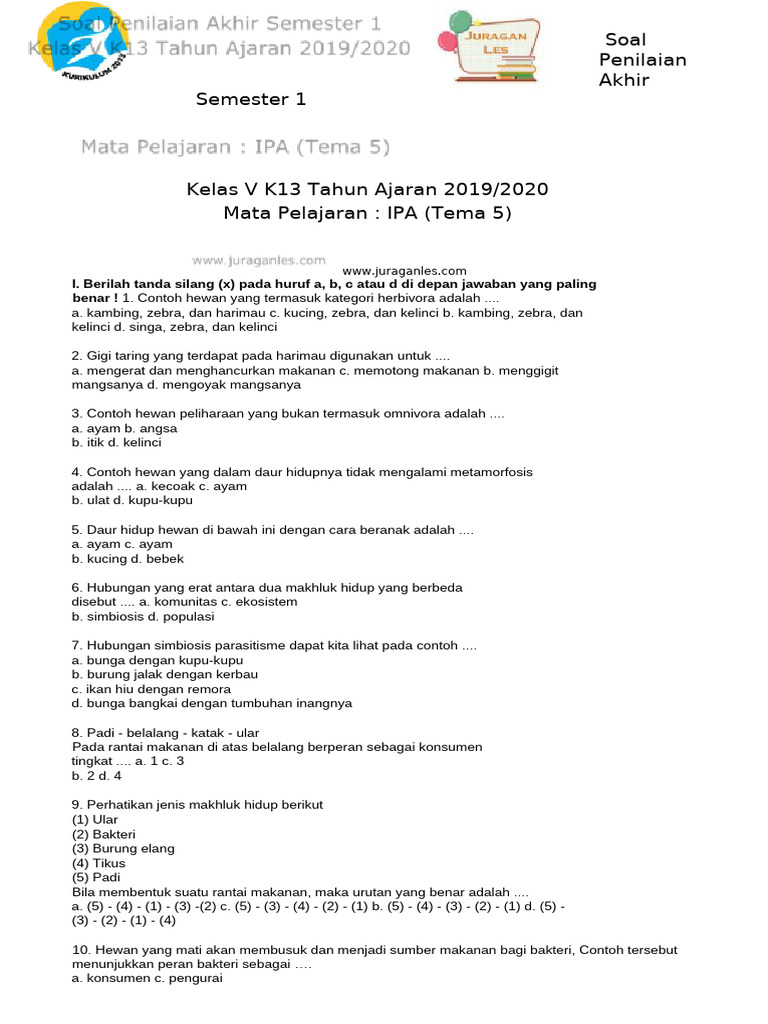 Soal Penilaian IPA Kelas V K13 2019/2020 | PDF