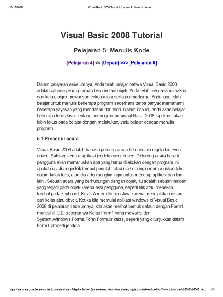 Visual Basic 2008 Tutorial - Lesson 5 - Menulis Kode | PDF | Seni | Komputer