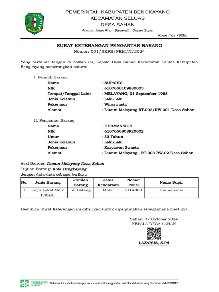 Surat Keterangan Pengantar Barang - 95182397 | PDF