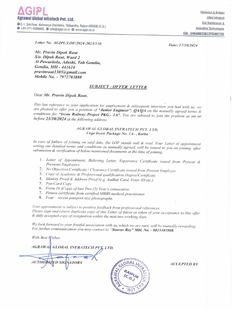 Offer Letter - Mr. Pravin Dipak Raut | PDF
