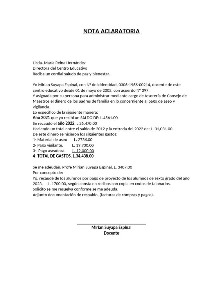 Nota Aclaratoria | PDF | Finanzas y dinero
