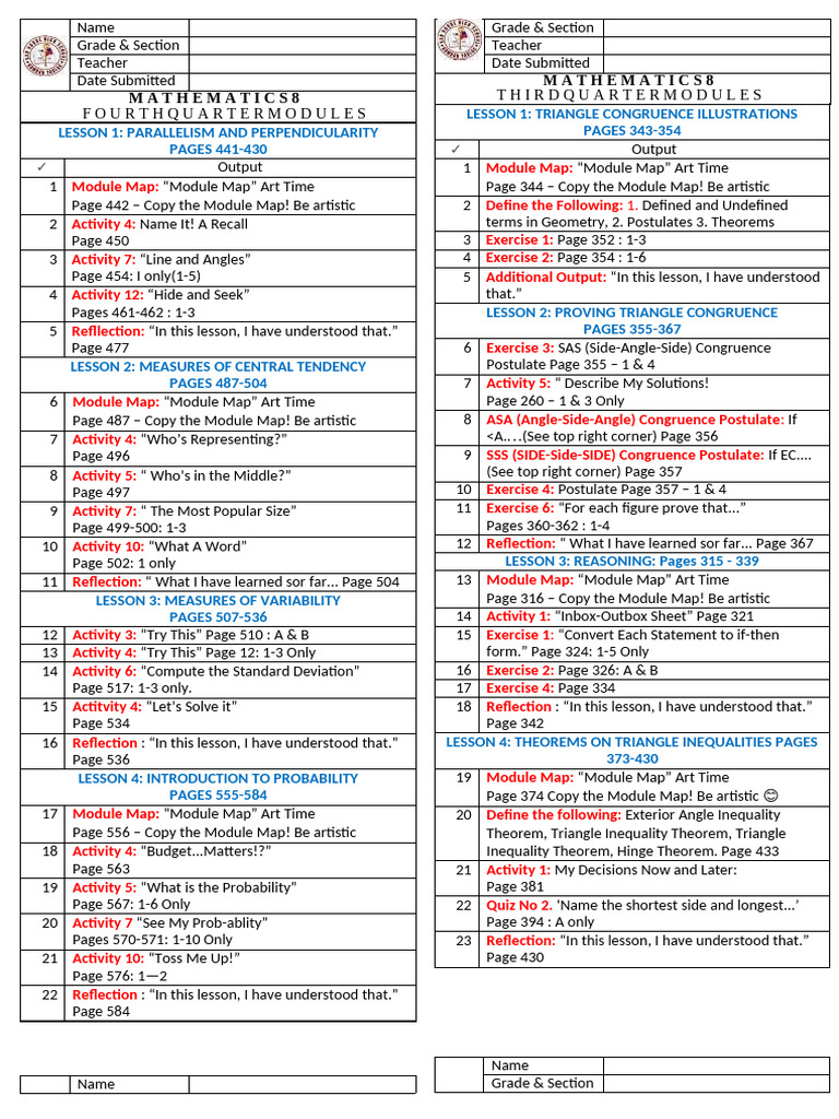 Mathematics 8 Quarterly Modules Guide | PDF | Elementary Geometry | Euclid