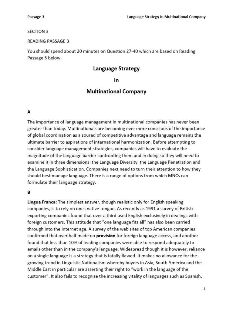 06 Passage 3 - Language Strategy In Multinational Company Q27-40 | PDF ...