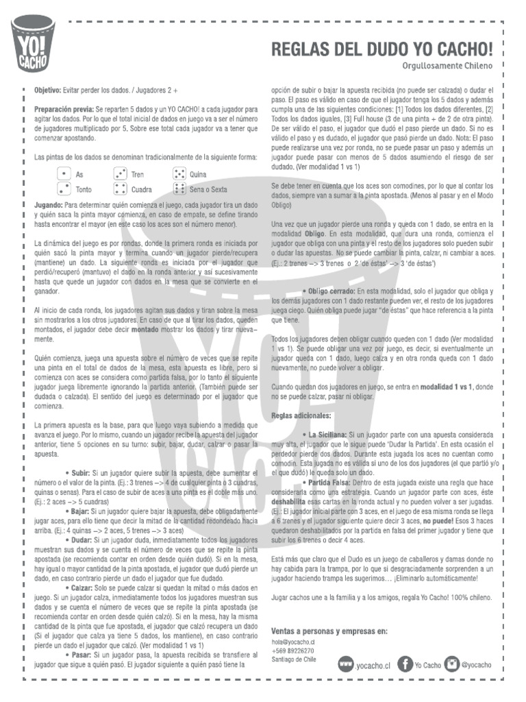 Reglas Yo Cacho Ingles-Espanol | PDF