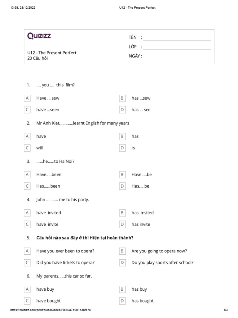 U6 - QUIZ - The Present Perfect | PDF
