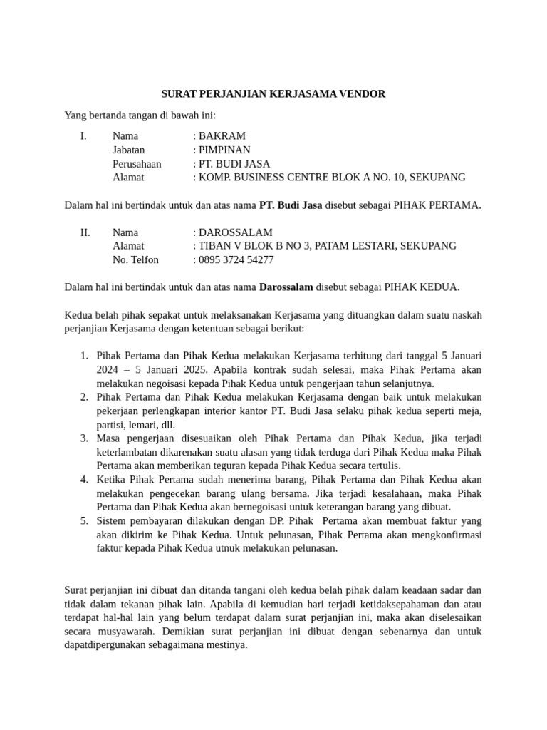 Surat Perjanjian Kerjasama Vendor Pdf
