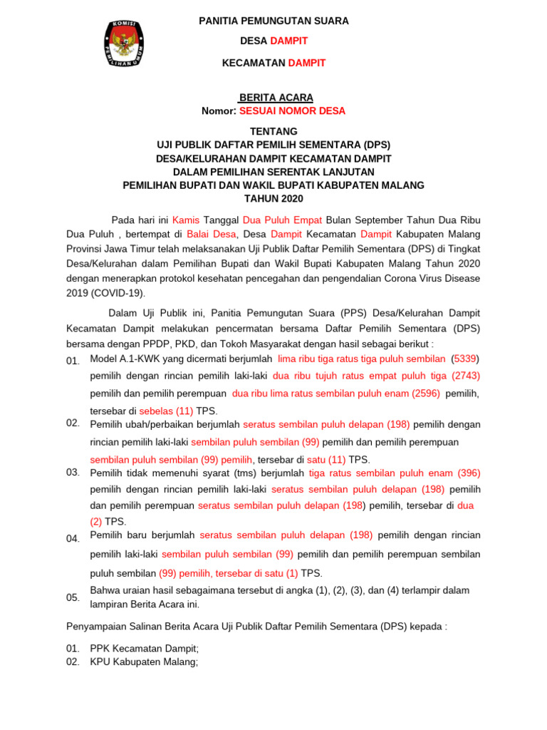 Uji Publik DPS Desa Dampit 2020 | PDF