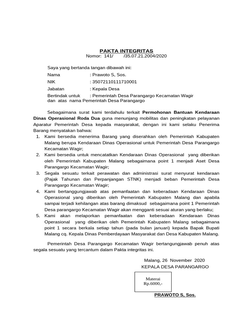 Contoh Pakta Integritas | PDF