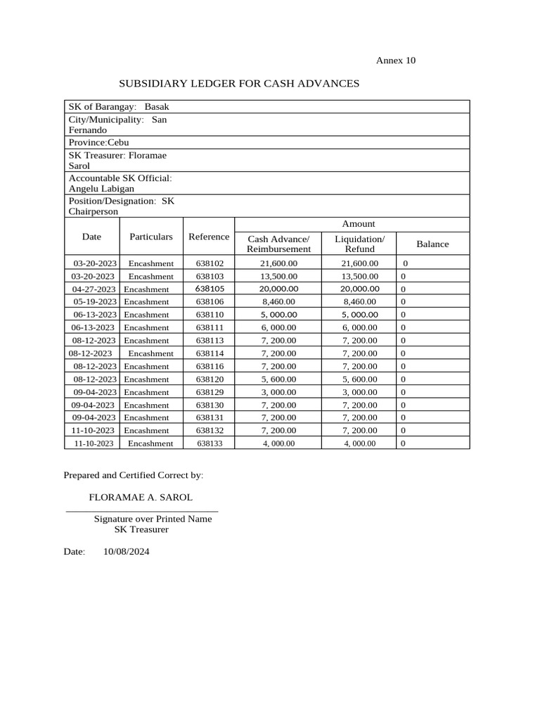 Cash Advance Subsidiary Ledger Guide | PDF | Credit Card | Money