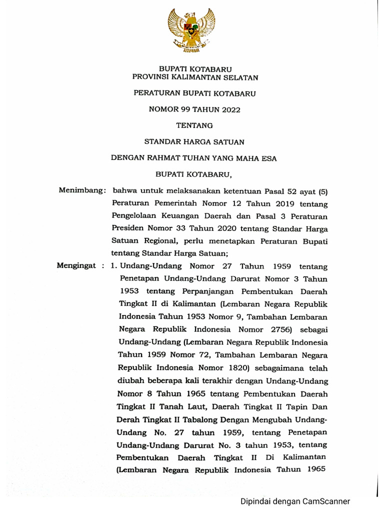 Peraturan Bupati Kotabaru Nomor 99 Tahun 2022 Tentang Standar Harga Satuan | PDF