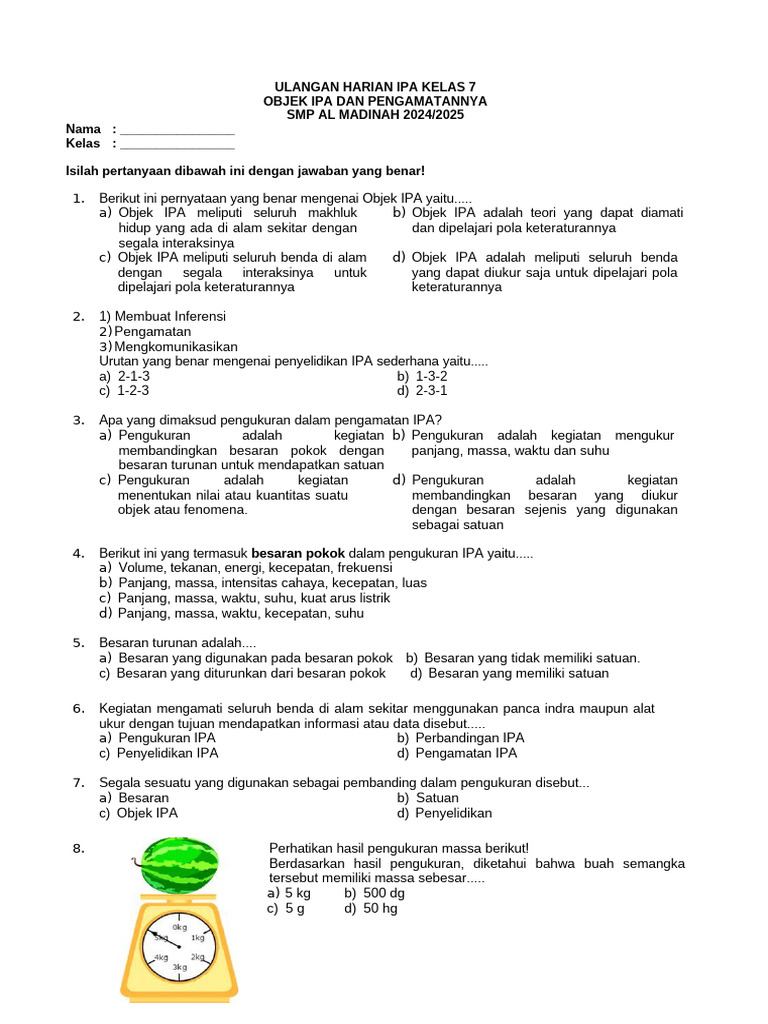 ULANGAN HARIAN IPA KELAS 7D - Paket B | PDF