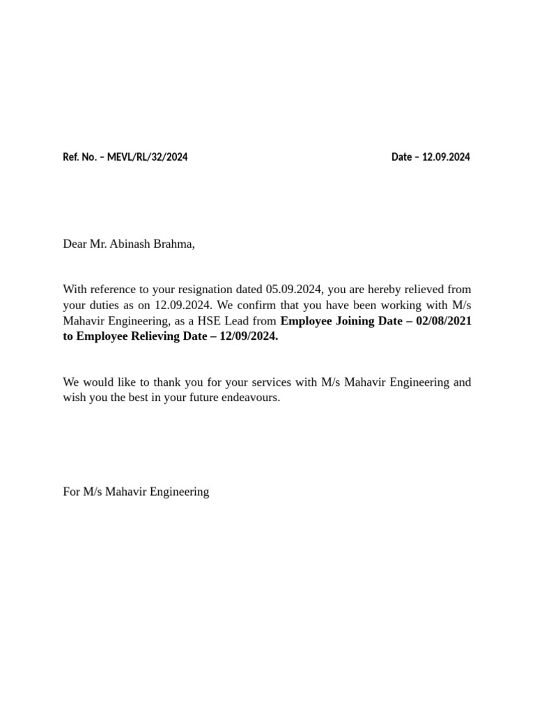 Relieving Letter | PDF | Technology & Engineering