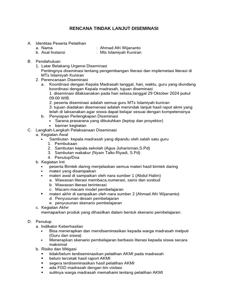 Form RTL Diseminasi Bimtek-1 | PDF