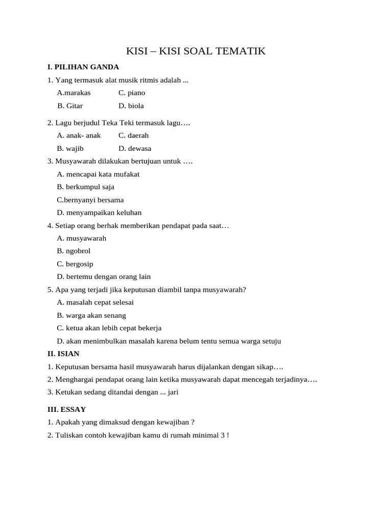 Kisi-Kisi Soal Tematik Kelas 3 SD | PDF