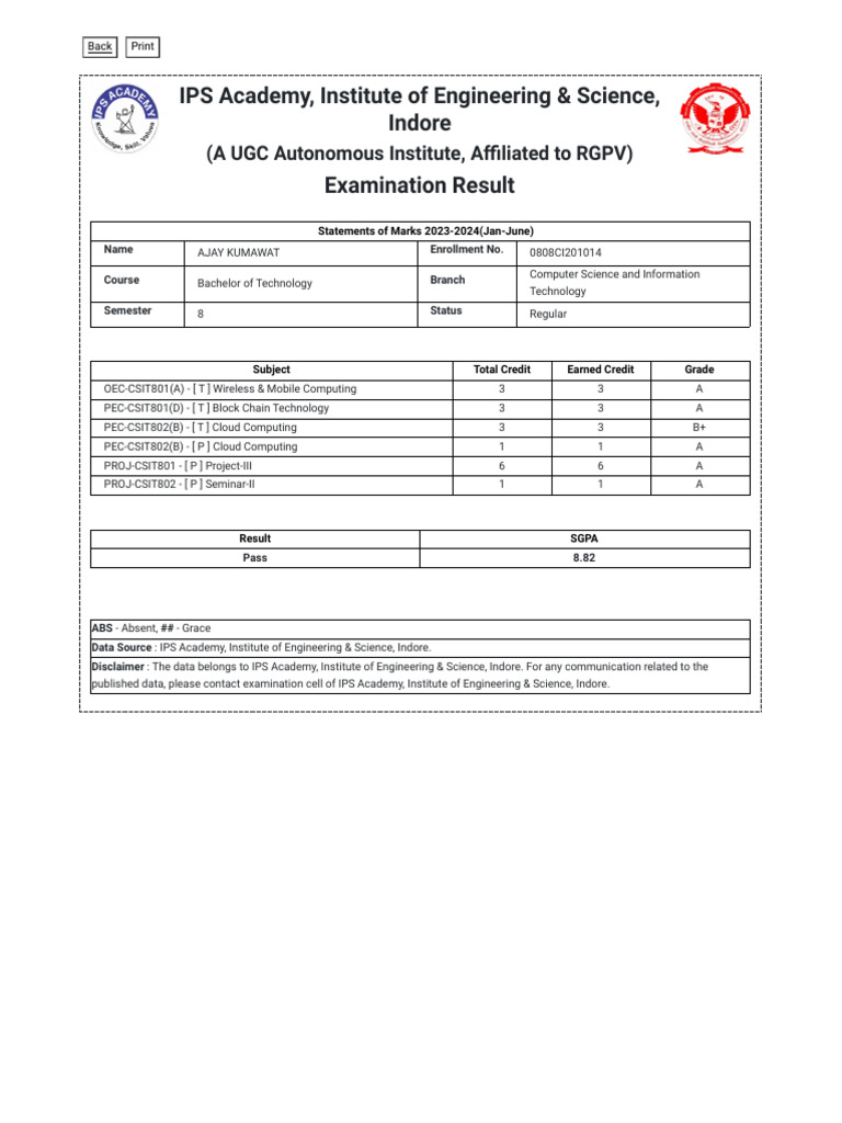 8th Semester Result for Ajay Kumawat | PDF