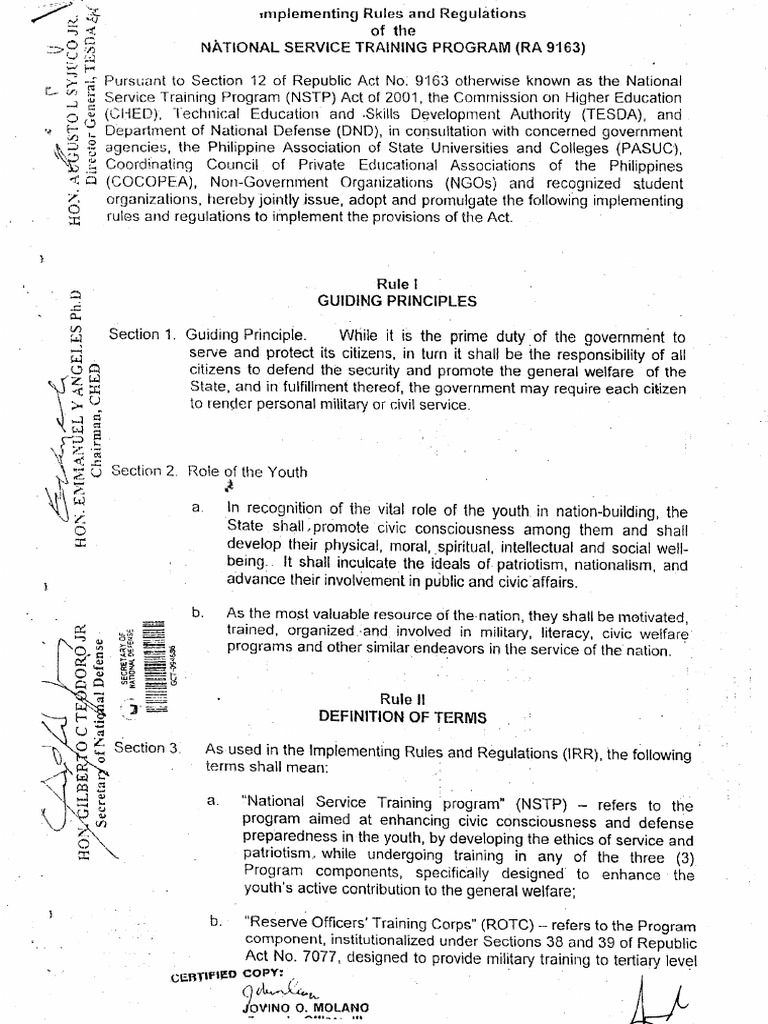 Implementing Rules and Regulations of the National Service Training ...