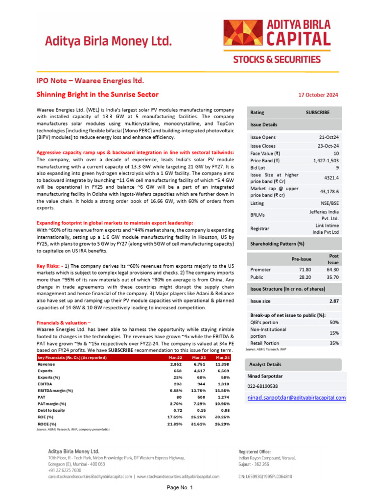IPO Note - Waaree Energies Ltd. | PDF | Photovoltaics | Financial Analyst