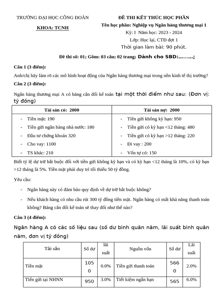 Đề thi NHTM 1-Học lại 2023.1 | PDF
