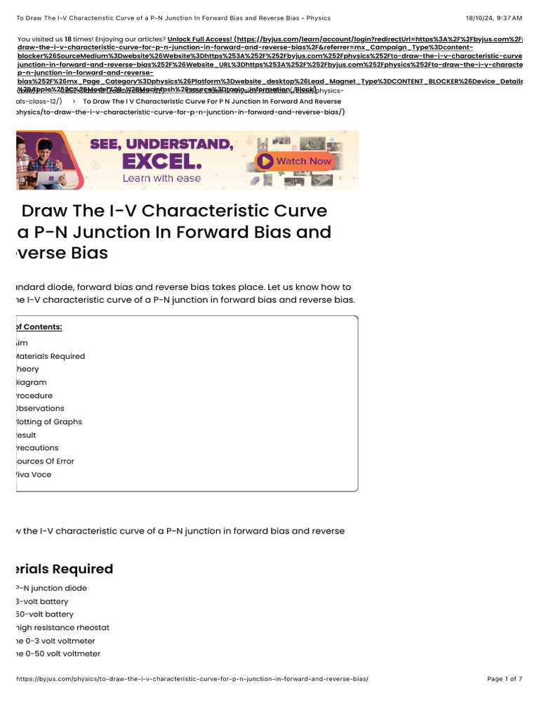 To Draw The I-V Characteristic Curve of A P-N Junction in Forward Bias ...