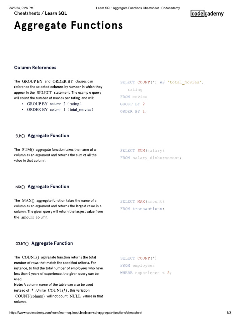 SQL Aggregate functions | PDF