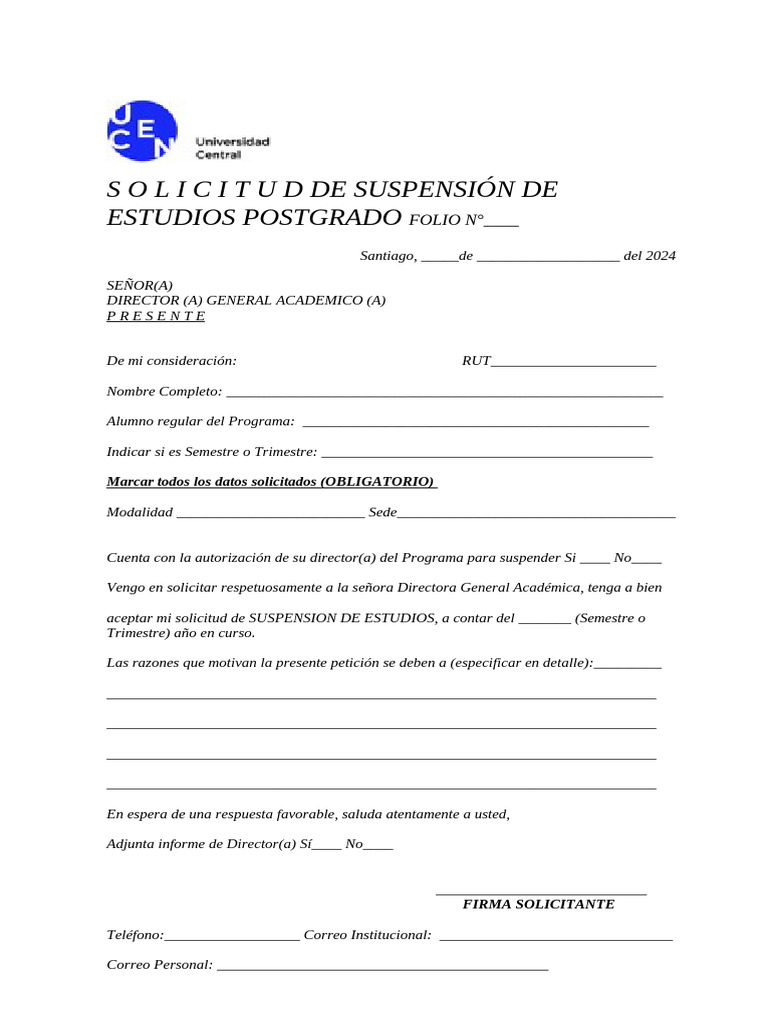 formulario SUSPENSION PARA POSTGRADO 2024 | PDF