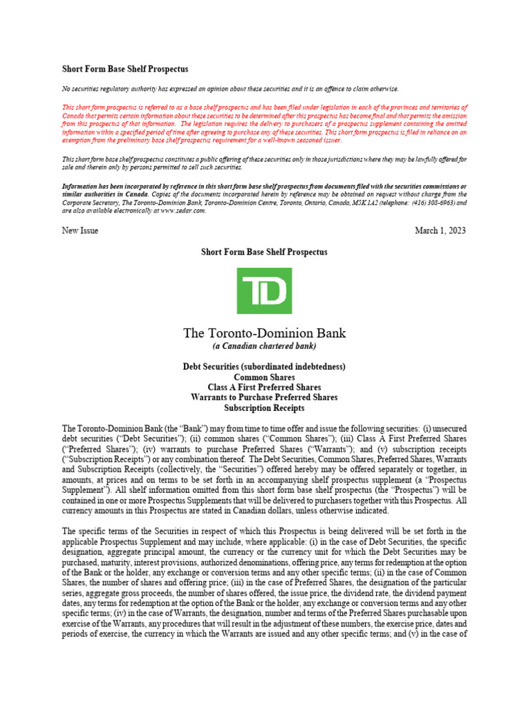TD Bank Short Form Base Shelf Prospectus | PDF | Securities (Finance ...