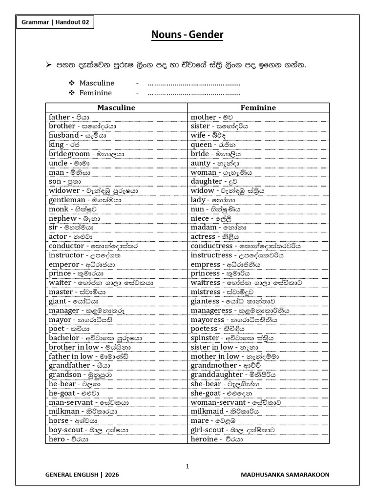 Feminine Forms of Nouns Explained | PDF | Grammatical Gender ...