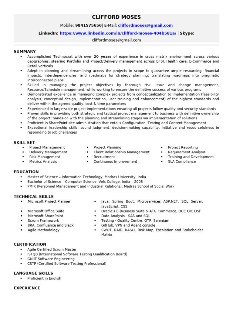 Clifford Moses: Technocrat & Project Manager | PDF | Project Management | Agile Software Development