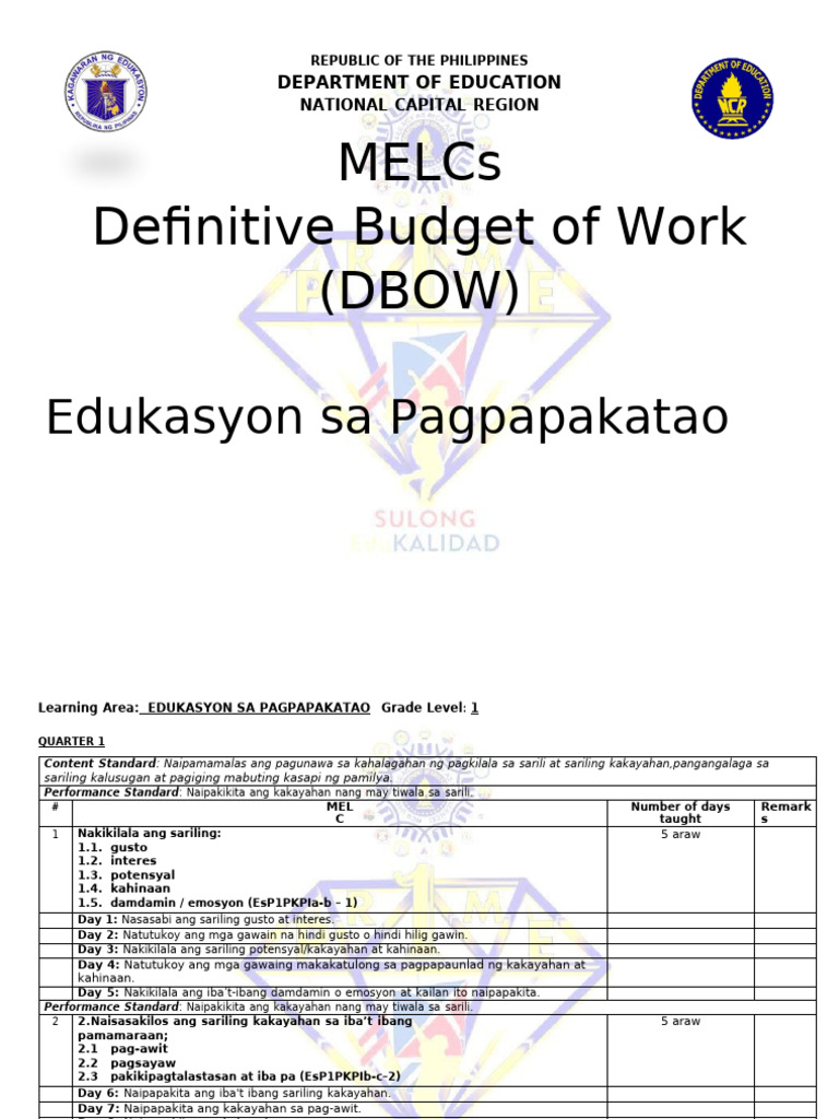 Edukasyon Sa Pagpapakatao DBOW | PDF