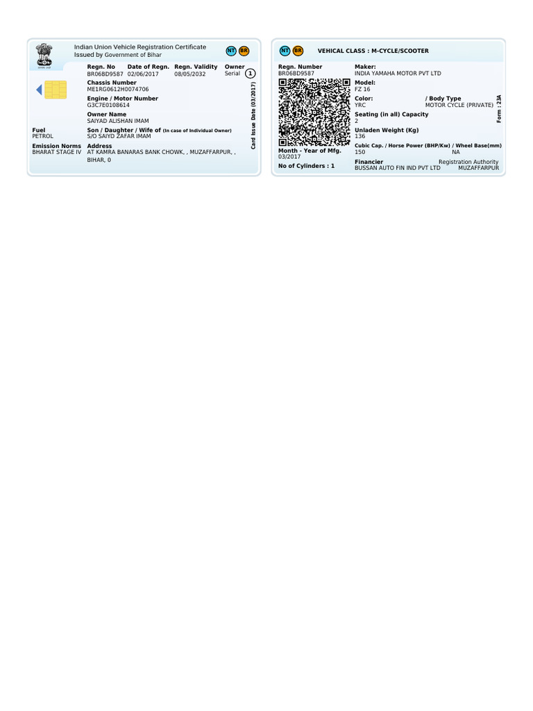 Bihar Vehicle Registration Details: FZ 16 | PDF | Wheeled Vehicles ...