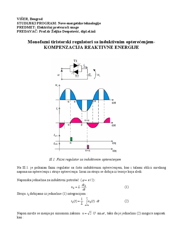 Tiristorski Fazni Regulatori - Kompenzatori Reaktivne Snage | PDF