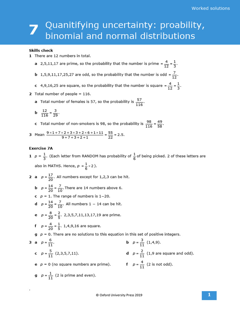 Oxford Textbook - Chapters 7 and 8 - Worked Solutions-4 | PDF | Probability Distribution ...