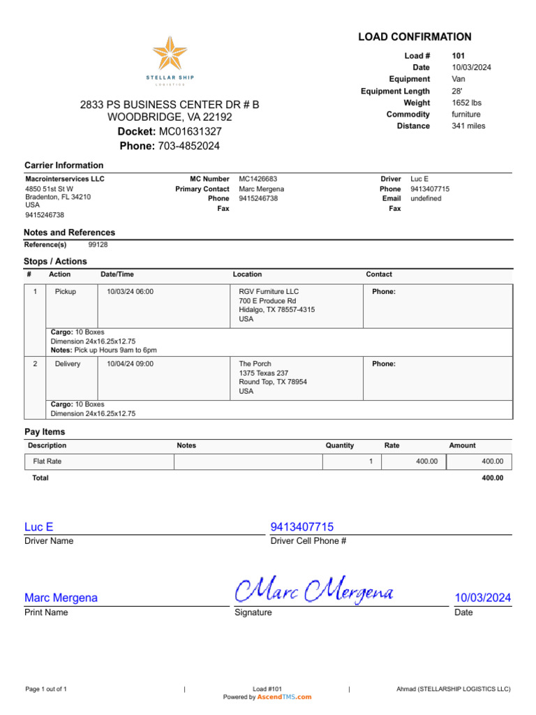 Load Confirmation 101 20241003213144 Signature Completed | PDF | Cargo ...