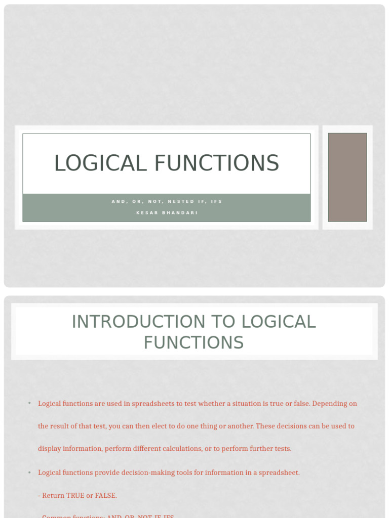 Logical Functions PPT Kesar Bhandari | PDF | Spreadsheet | Computer Programming