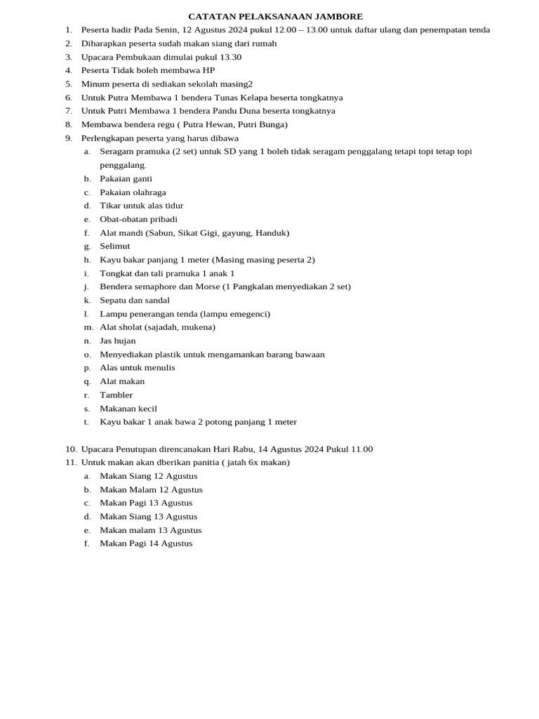 CATATAN PELAKSANAAN JAMBORE Dan JADWAL | PDF