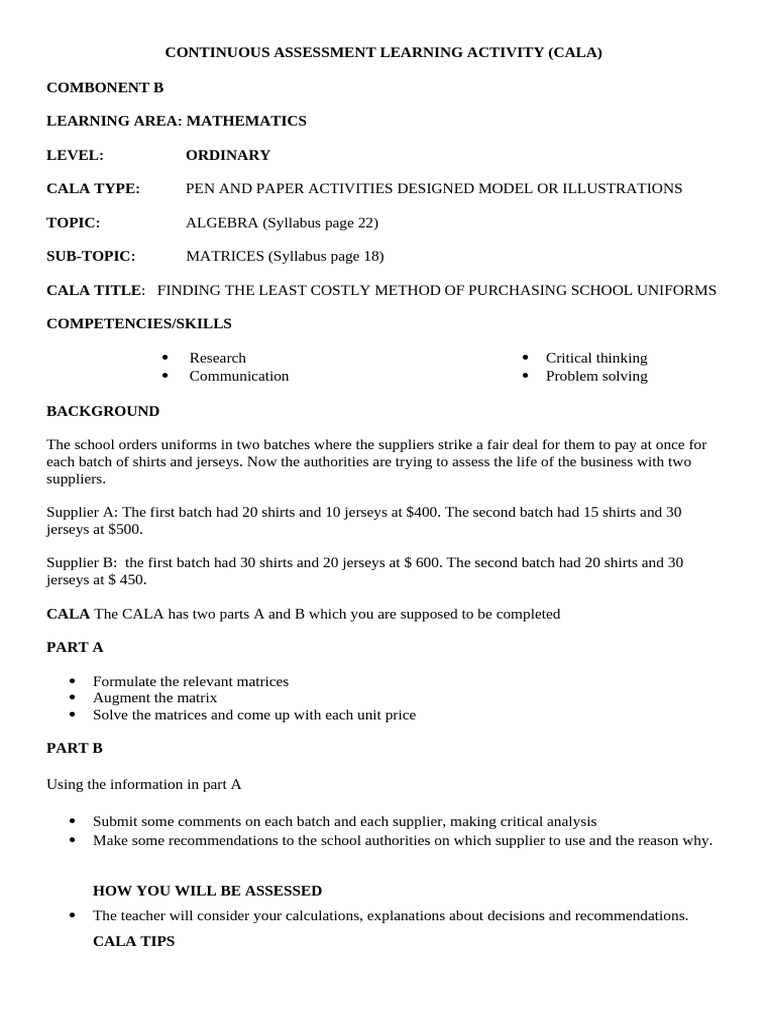 CALA Component B Matrices | PDF | Matrix (Mathematics) | Mathematics