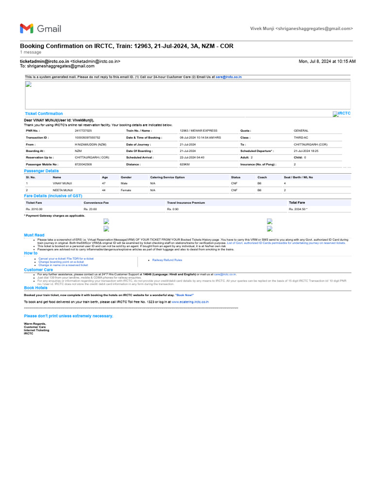 Gmail - Booking Confirmation On IRCTC, Train - 12963, 21-Jul-2024, 3A, NZM - COR | PDF | Service ...