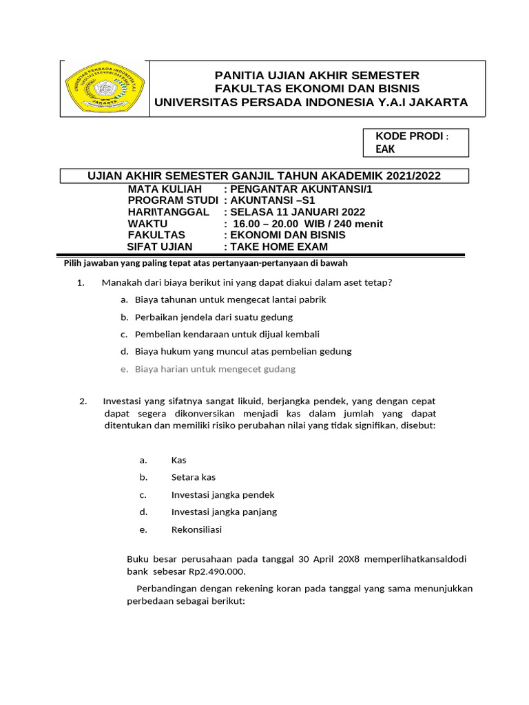 Ujian - UAS 12 - SOAL PENGANTAR AKUNTANSI-1 | PDF | Hukum