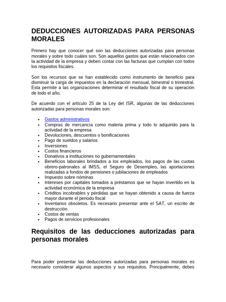 Deducciones Autorizadas para Personas Morales | PDF | Contabilidad ...