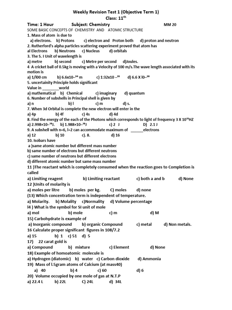TEST-01 | PDF | Mole (Unit) | Atoms