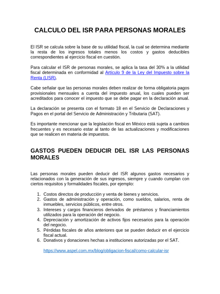 Calculo Del Isr para Personas Morales | PDF | Derecho